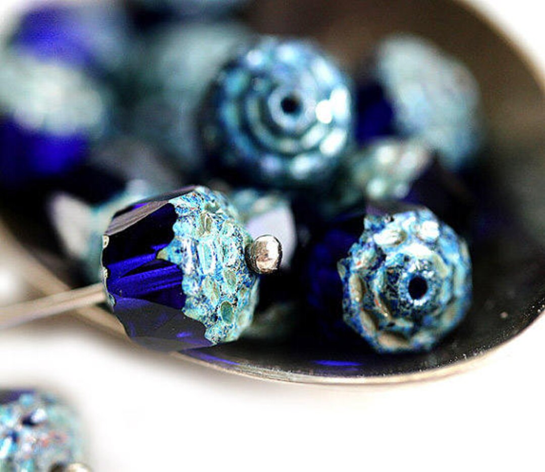 8mm Dark Blue Cathedral Beads Czech Glass Picasso Round Fire Polished ...