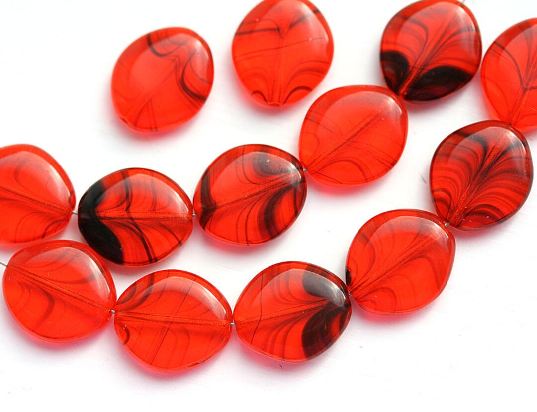 Light Red Czech Glass Oval Beads, Red With Black Stripes Pressed Beads ...