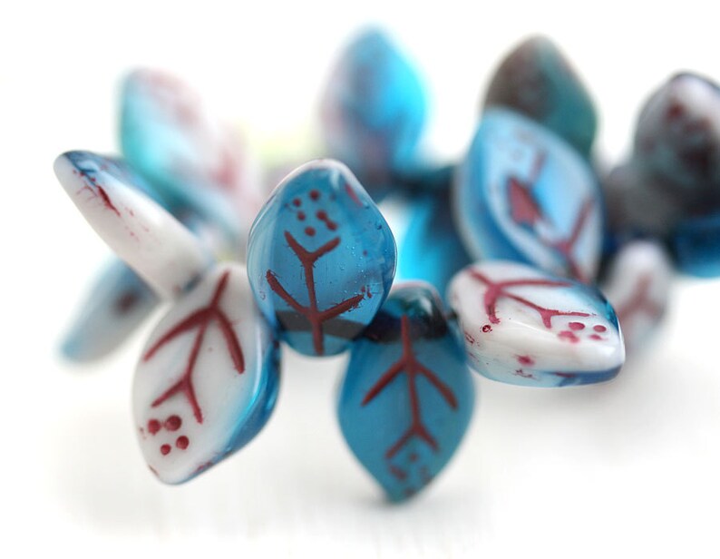 12x7mm Mixed Blue White Leaf Beads Dark Red Inlays Light - Etsy