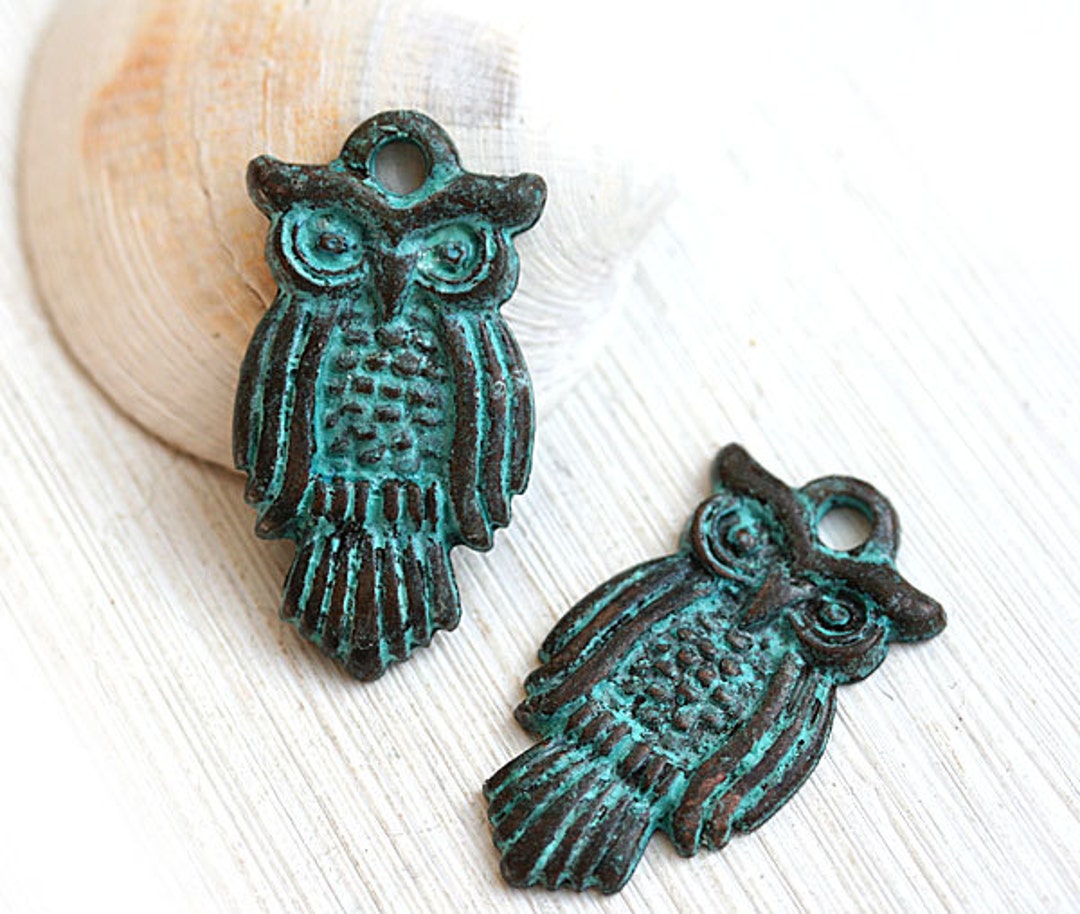 Owl Pendant, Metal Owl Charm, Green Patina on Copper, Owl Bead, Greek ...