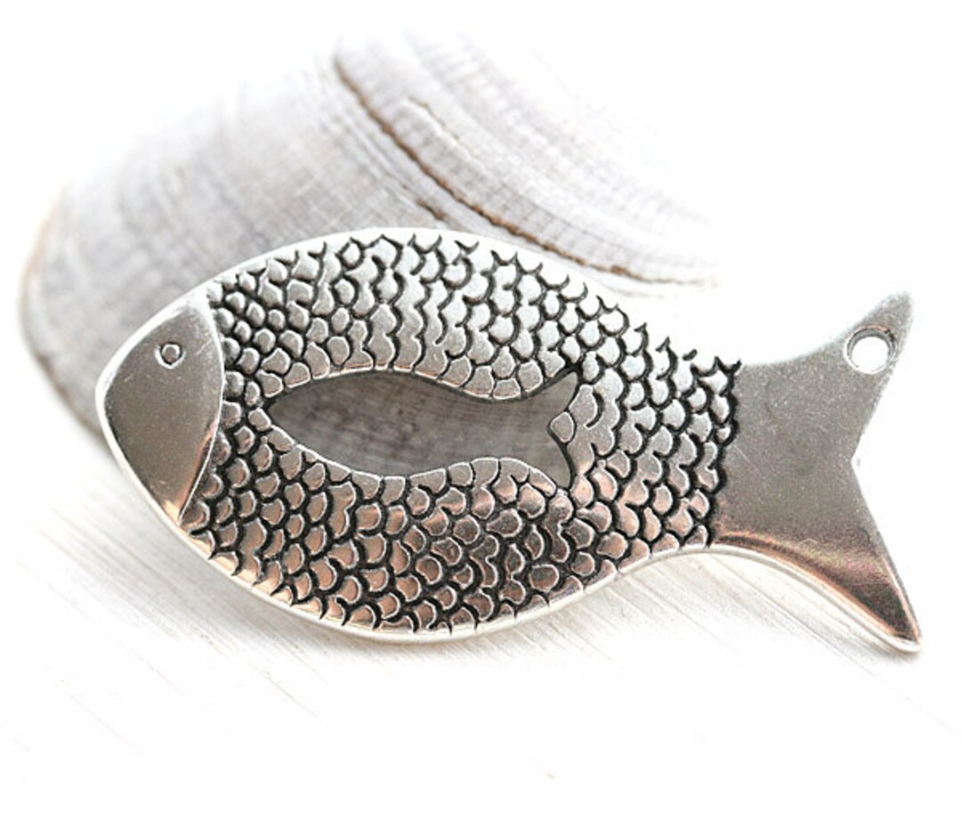 40mm Brass Fish Pendant, Antique Silver Metal Casting Fish Focal Bead ...