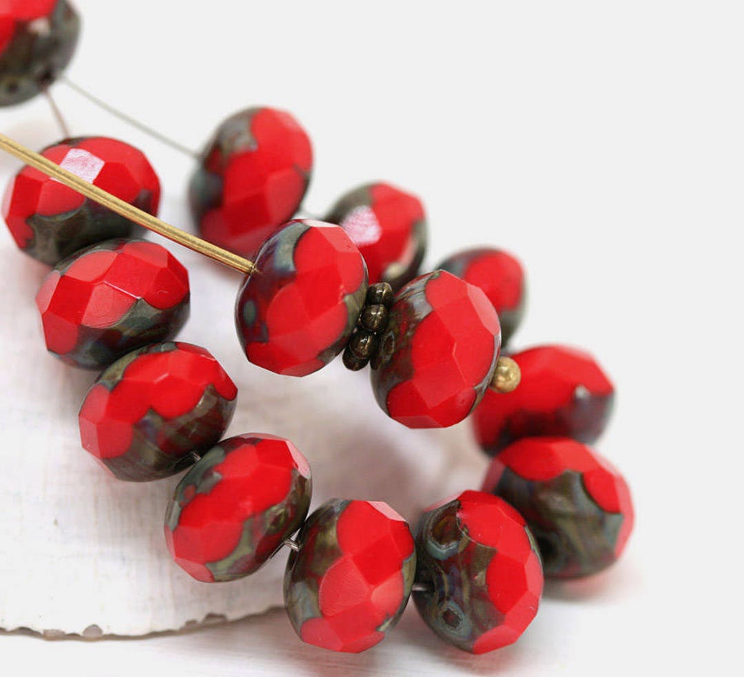 Red Czech Glass Rondelle Beads Picasso Finish Red Spacers Gemstone Cut ...