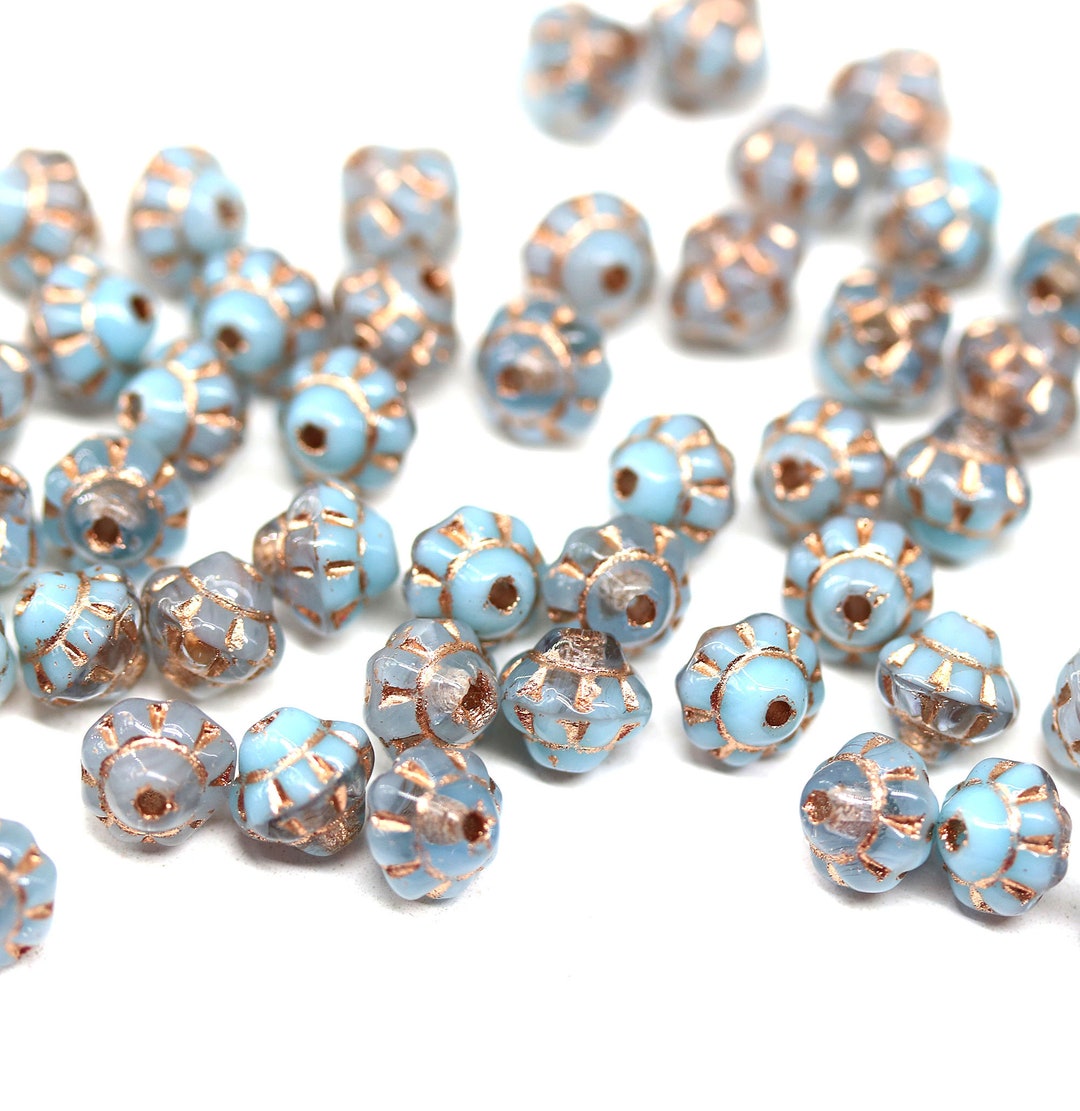6mm Light Blue Fancy Bicone Beads, Czech Glass Gold Wash Small Bicones ...