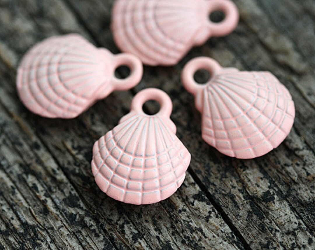 4pc Small Pink Shell Charms Painted Metal Casting, Puffy Seashell Beads ...