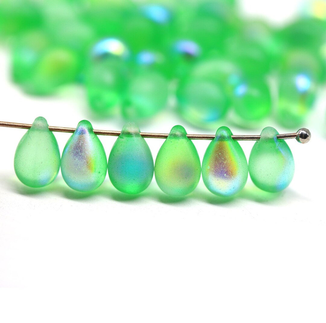 6x9mm Frosted Bright Green Czech Glass Drops, AB Finish Teardrops, 40pc ...