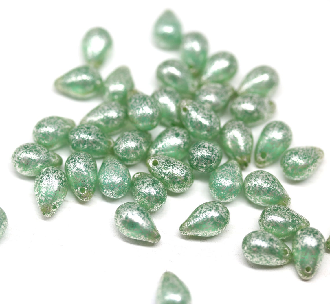 Antique Green Czech Glass Drops, Silver Wash Light Green Teardrops ...