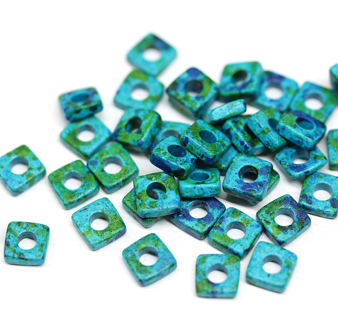 40pc Greek Ceramic Square Beads Blue Green Rondelle Spacers Washer ...
