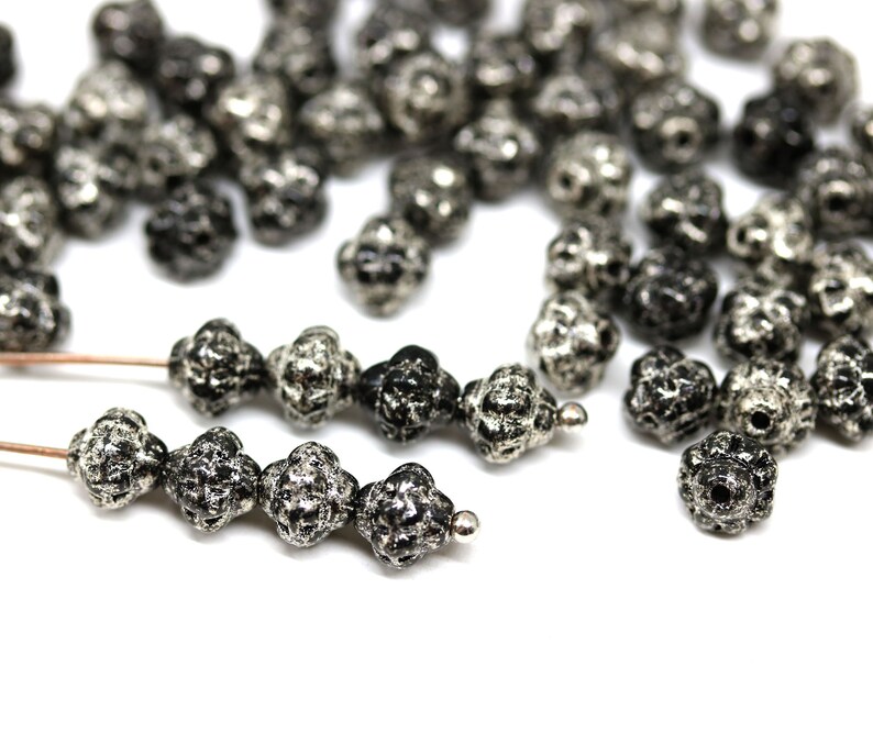 Jet Black Silver Wash 6mm Fancy Bicone Czech Glass Pressed Beads 60pc ...