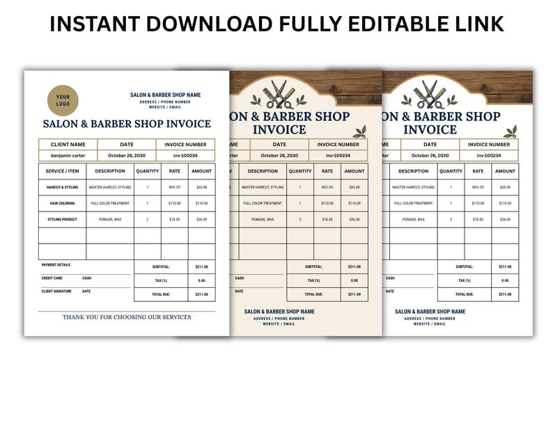 Barber Shop Invoice Template Editable, Hair Salon Beauty Service ...