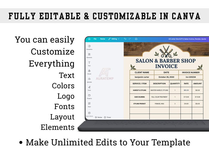 Barber Shop Invoice Template Editable, Hair Salon Beauty Service ...