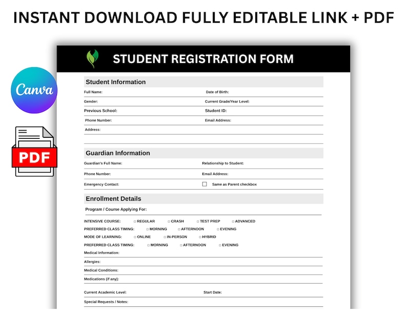 Editable Canva Student Registration Form, Printable Enrollment Form ...