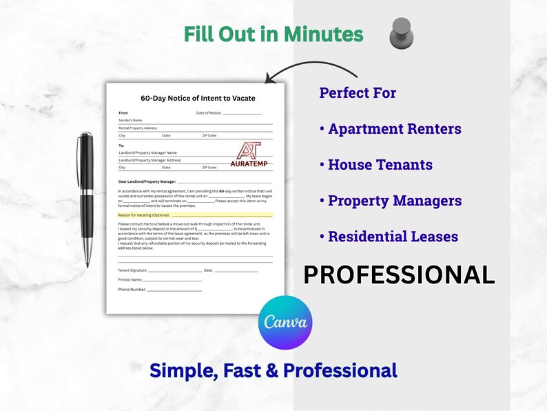 60 Day Notice to Vacate Template, Tenant Move Out Letter, Lease ...