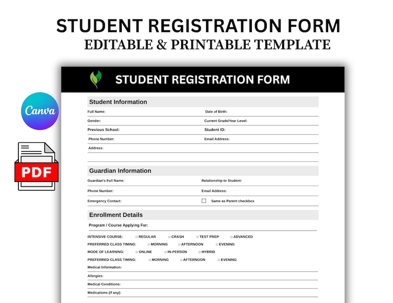 Editable Canva Student Registration Form, Printable Enrollment Form ...