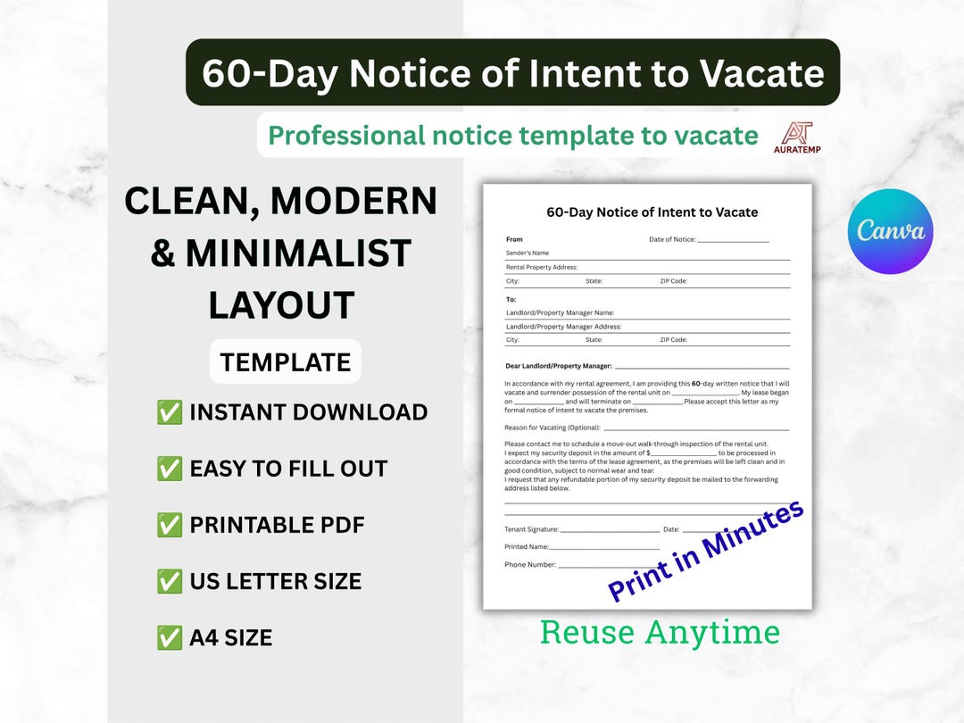 60 Day Notice to Vacate Template, Tenant Move Out Letter, Lease ...