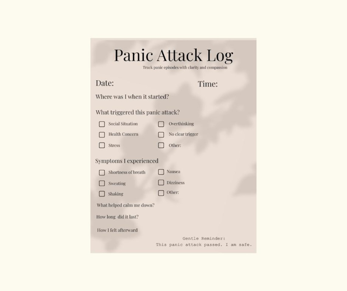 Panic Attack Log Printable | Anxiety Tracker | Mental Health Worksheet ...