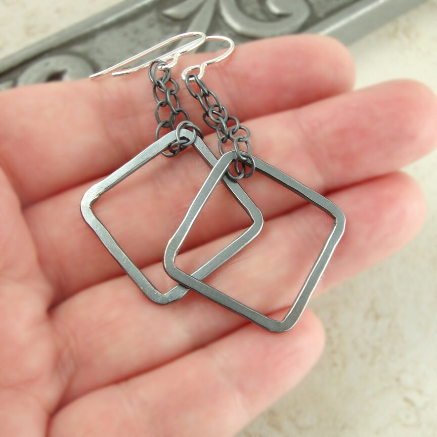 Silver Square Hoop Earrings Square Dangle Earrings Sterling Silver ...