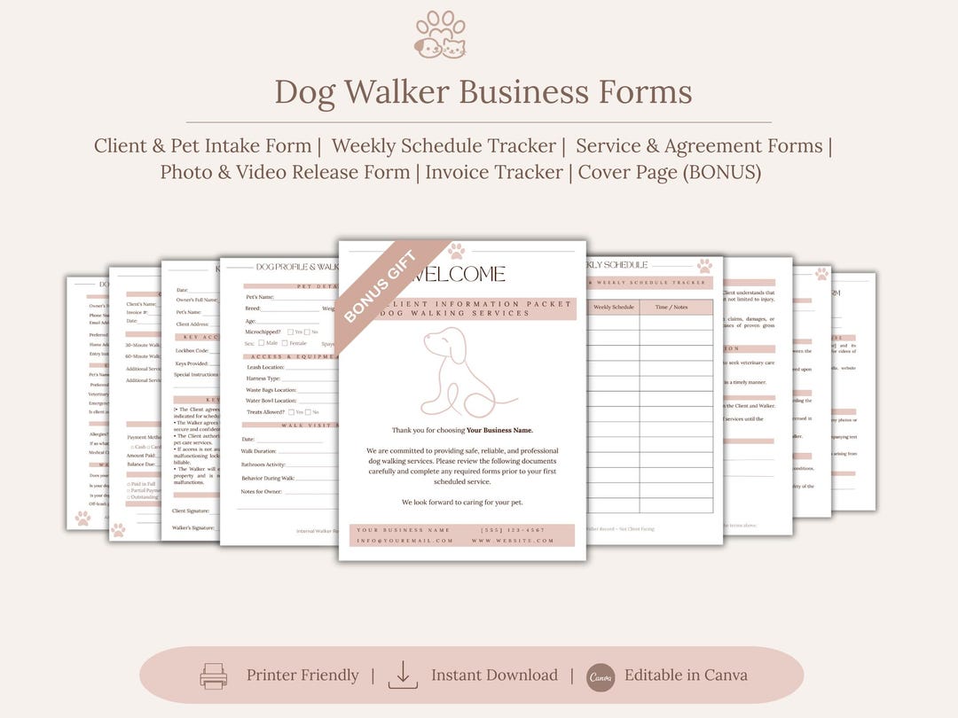 Dog Walking Business Forms Bundle | Editable Canva Dog Walker Forms ...