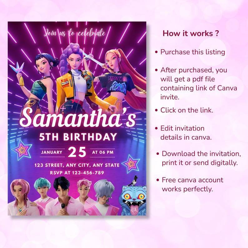 Kpop Demon Hunters Birthday Invitation, Editable Canva Template ...