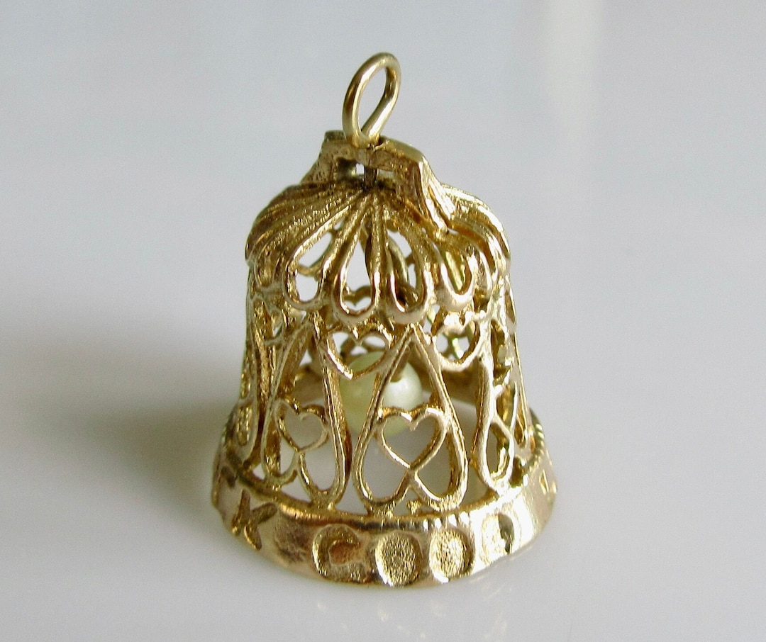 Large 9ct Gold Ringing Heart Bell With Pearl Clanger Engraved Good Luck ...