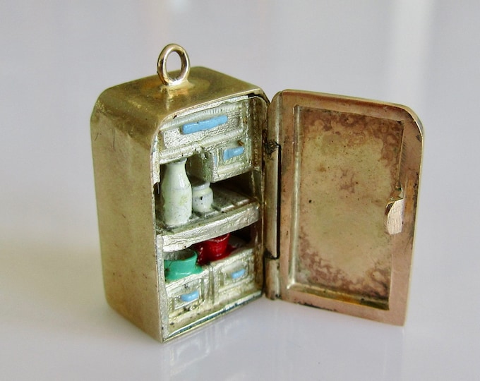 RESERVED ...large 9ct Gold Refrigerator With Enamel Food Opening Charm ...