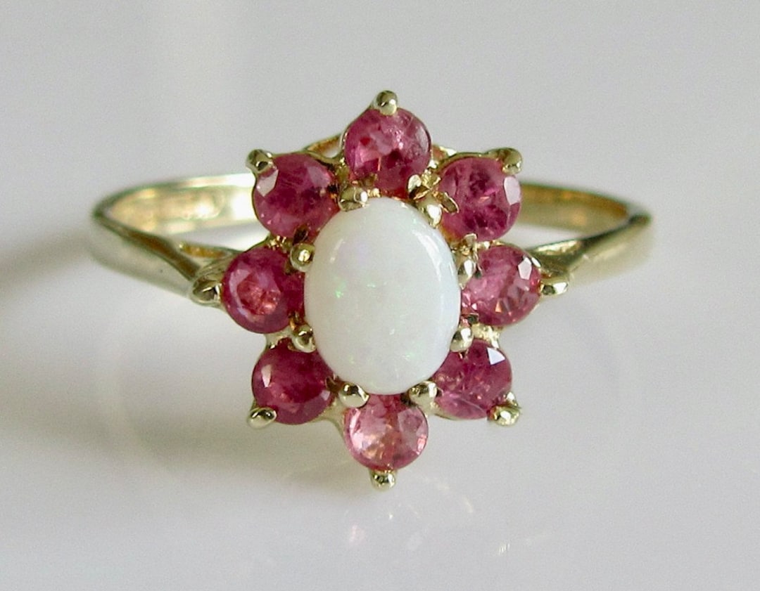 Vintage 9ct Gold Opal and Ruby Cluster Ring - Etsy