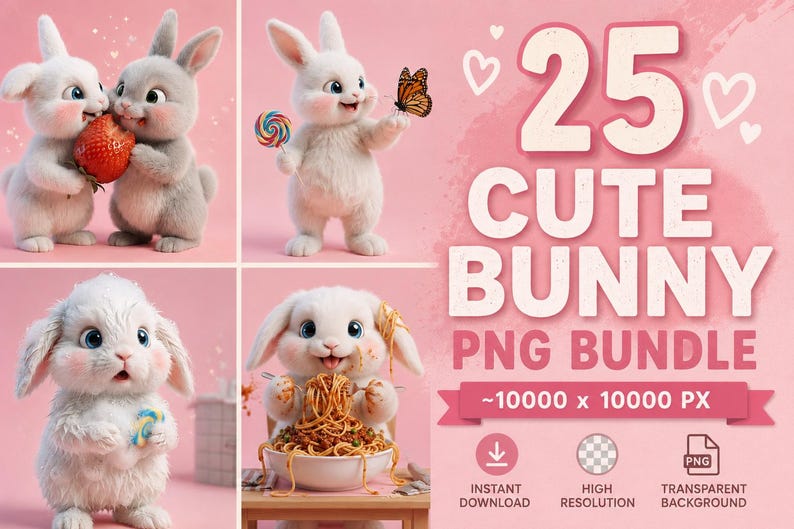 Kawaii Bunny Clipart PNG Bundle | Adorable Rabbit Sublimation Design ...