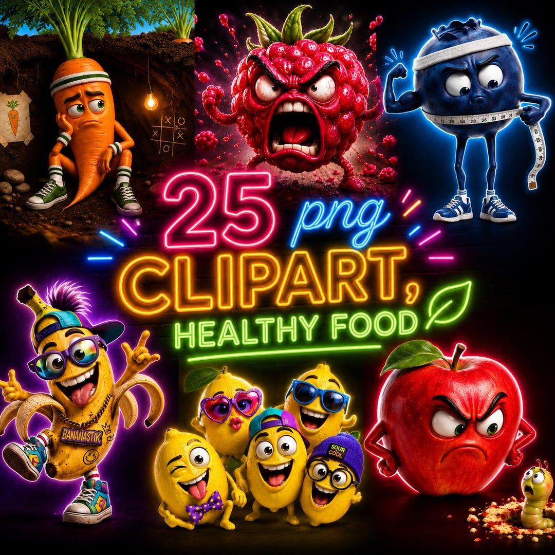 Funny Fruits Vegetables Clipart Bundle | Cartoon Produce Characters ...