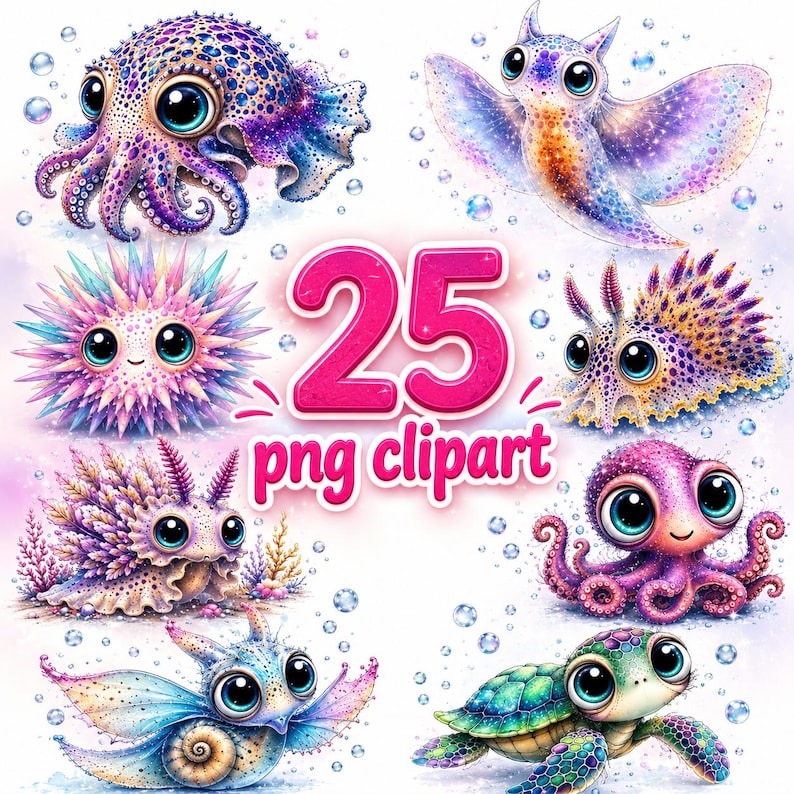 Kawaii Ocean Animal Clipart Bundle, Watercolor Sea Creatures PNG (25 ...
