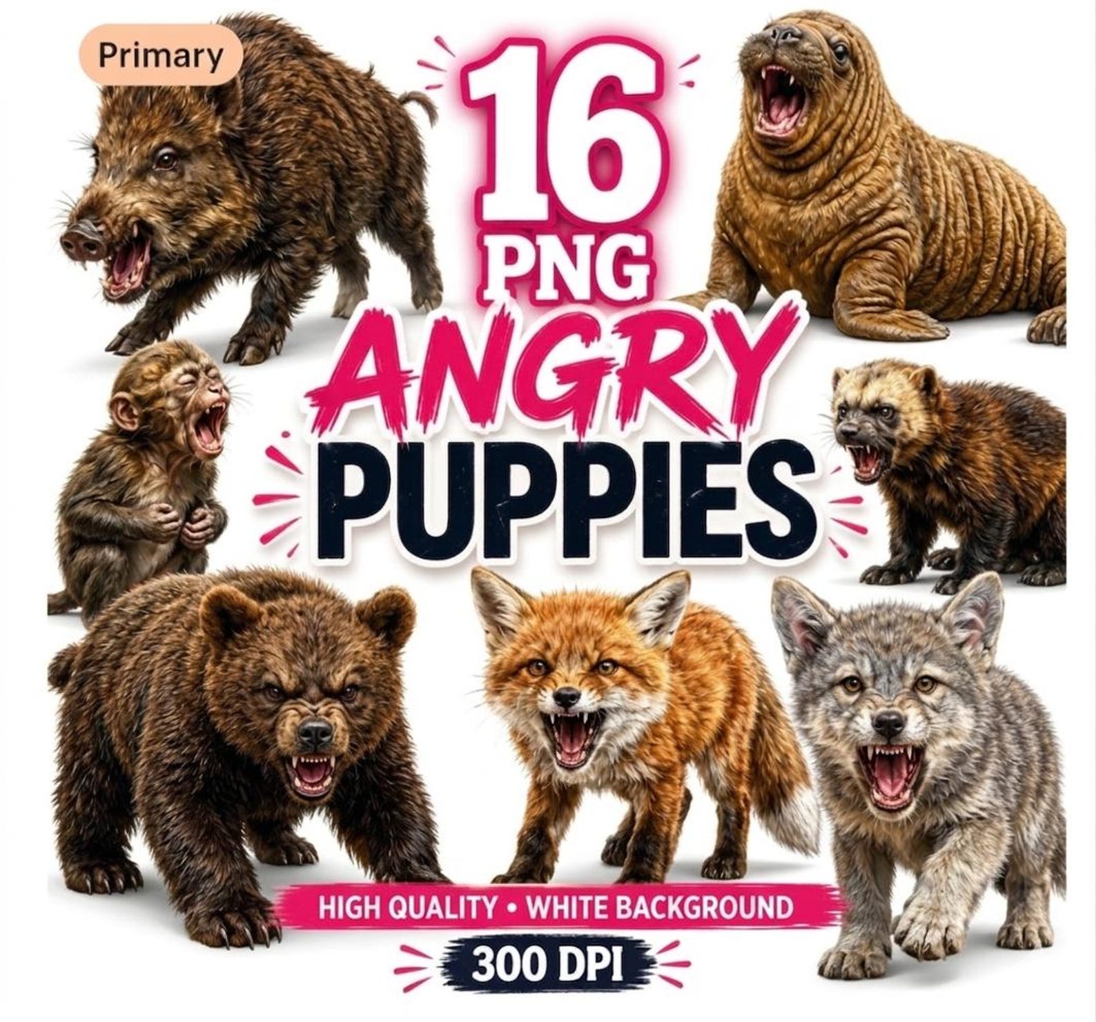Angry Animal Clipart PNG Bundle, Fierce Wildlife Illustrations (digital ...