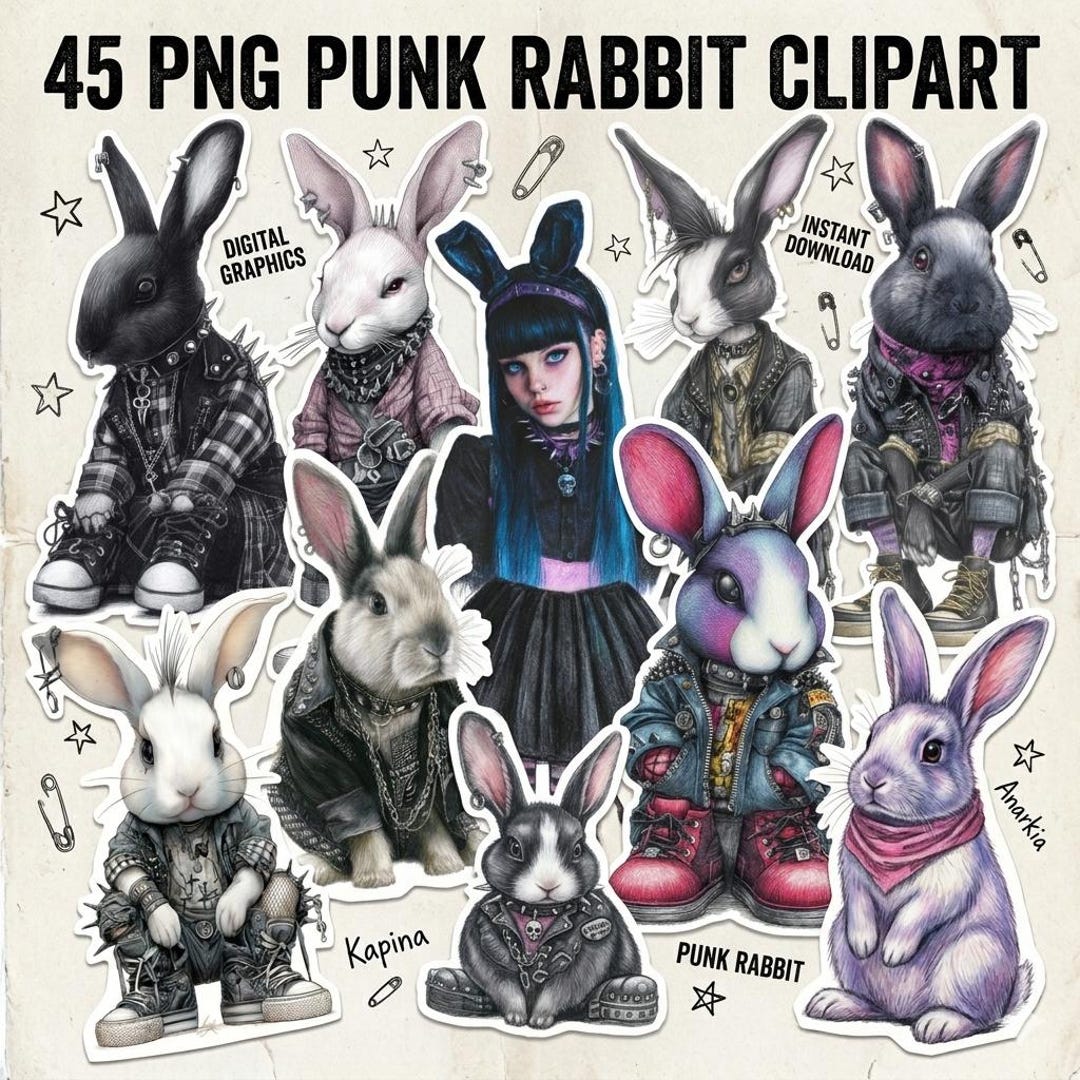 Punk Rabbit Clipart Bundle, Watercolor Gothic Bunny PNG Graphics ...
