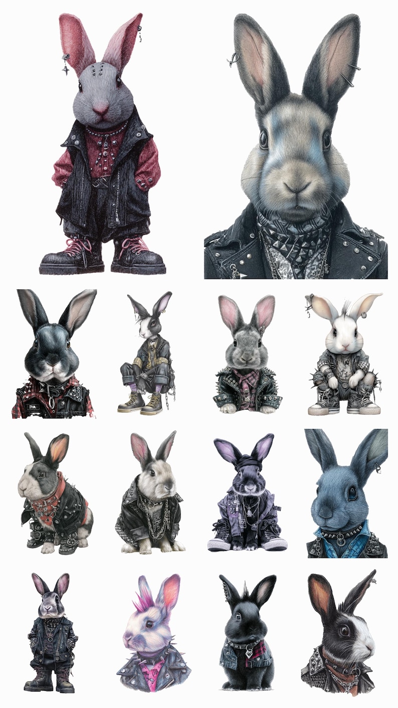 Punk Rabbit Clipart Bundle, Watercolor Gothic Bunny PNG Graphics ...