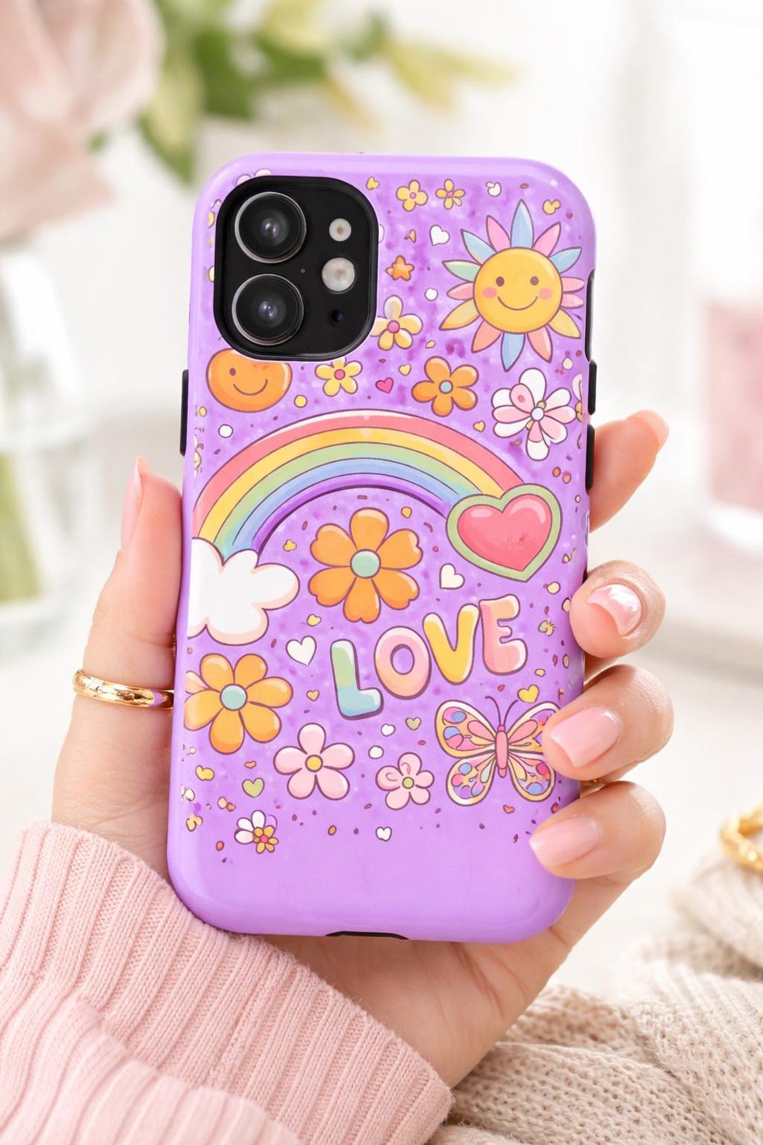 Cute Purple Phone Case - Rainbow Love iPhone Case - Kawaii Floral ...