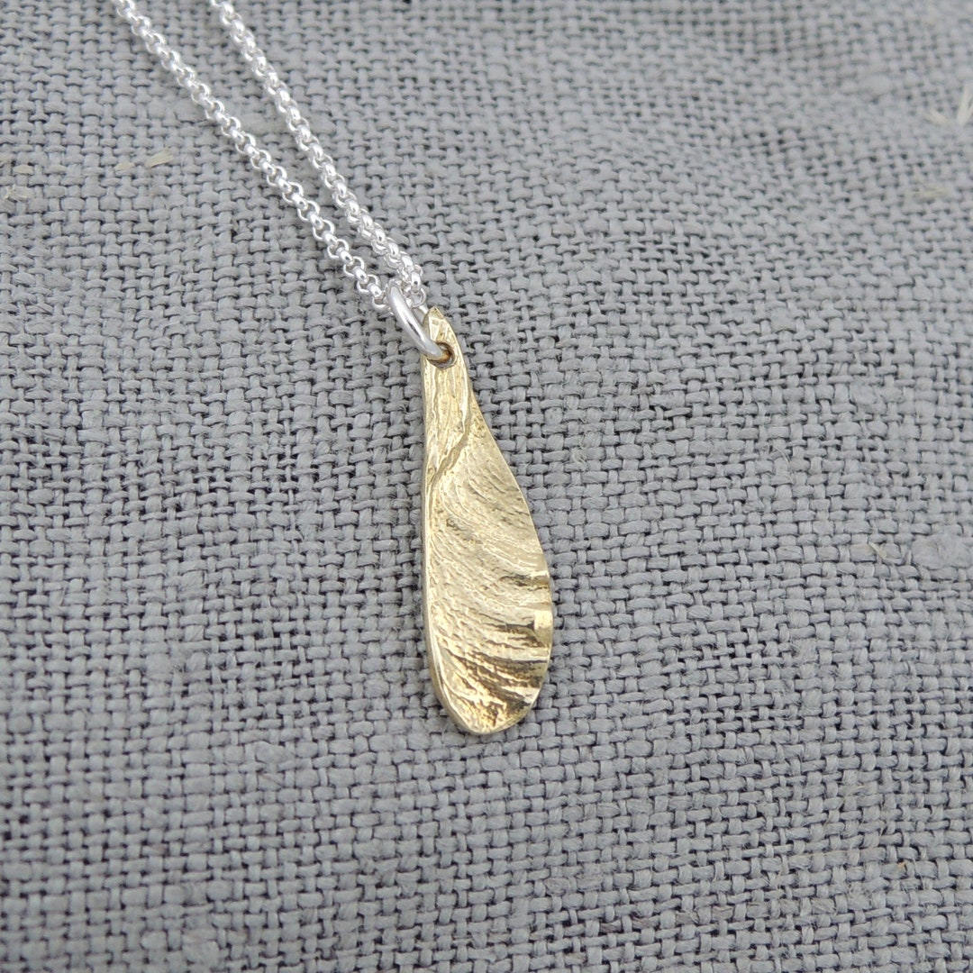 Mini Golden Maple Seed Necklace - Yellow Bronze Samara Pendant - Silver ...