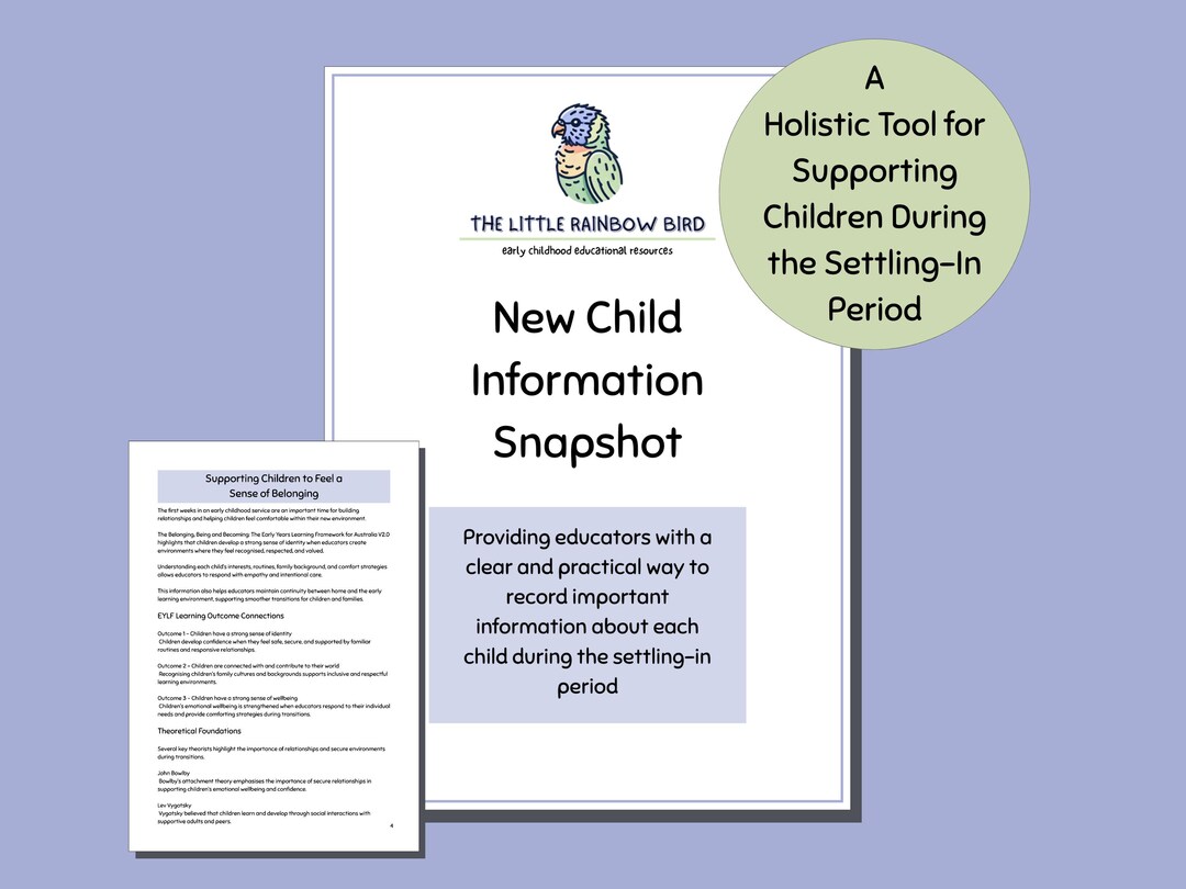 New Child Information Snapshot Childcare Settling in Form EYLF Aligned ...