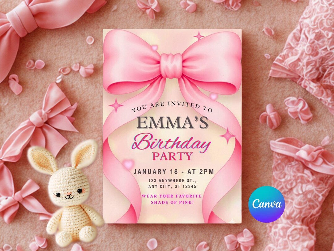ピンクのリボンの誕生日招待状テンプレート - Etsy 日本