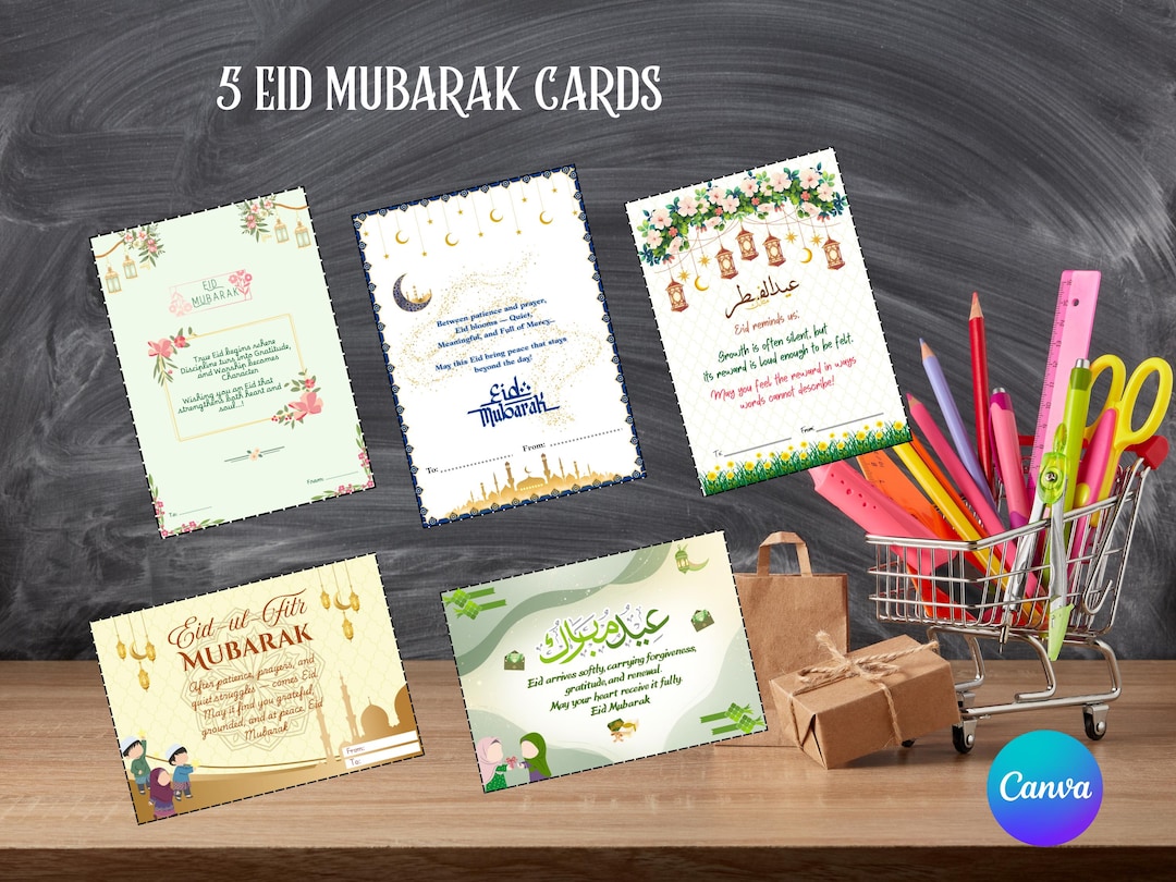 Set of 5 Printable Eid Mubarak Cards, Islamic Designs (instant Download ...