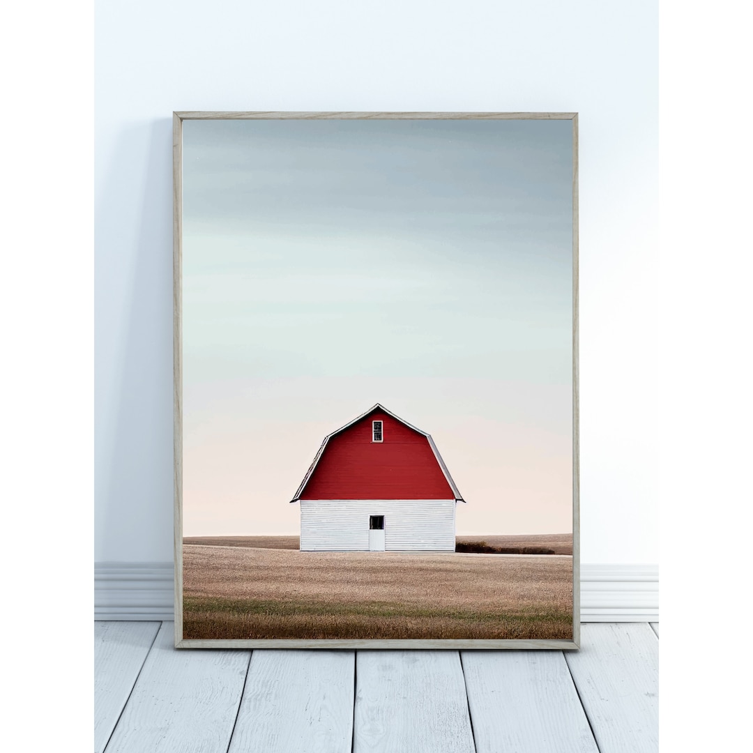 Minimalist Red & White Barn in Rural Landscape - Modern Farmhouse Wall ...