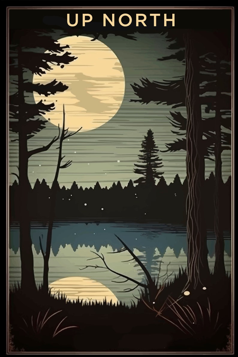 Up North Lake & Moon Art Print: Rustic Cabin Decor (digital Download ...
