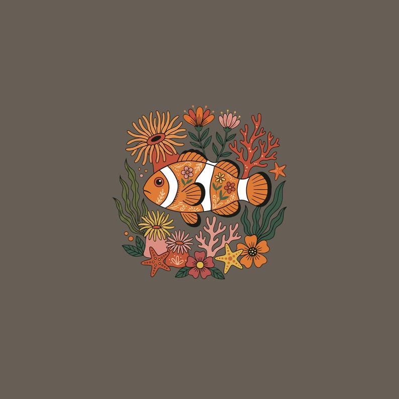 Clownfish Floral Ocean PNG Digital Download | Boho Clownfish Print ...