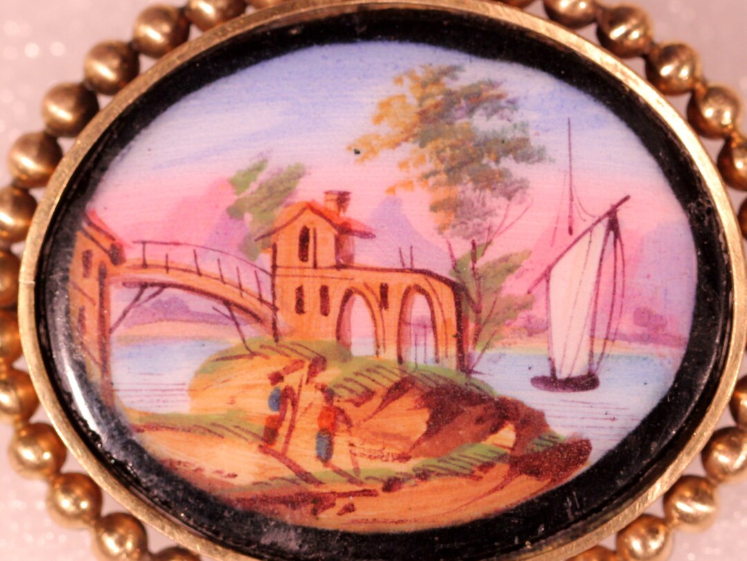 Antique Hand Paint Brooch Gold Plaqué Encadrement Paysage Marin En ...