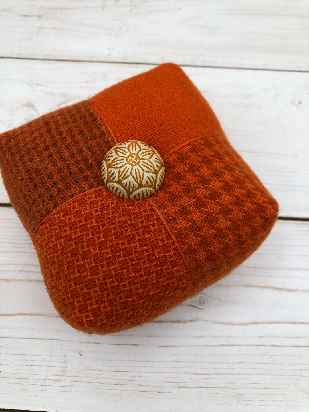 Pincushion - Square Chunky - Orange Wool - Vintage Celluloid Button - Etsy