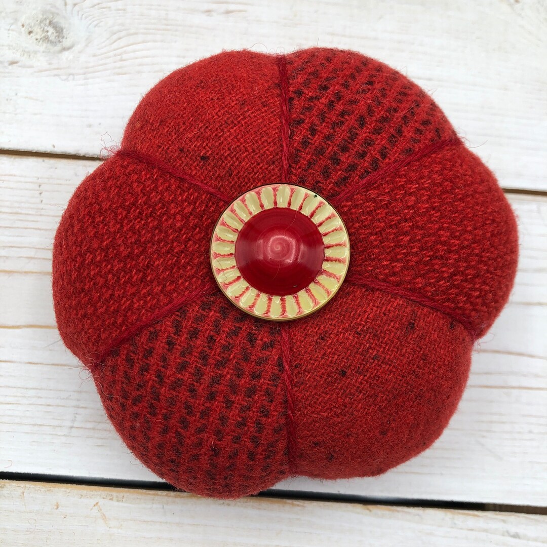 Pincushion - Red Felted Wool - Vintage Celluloid Button - Etsy