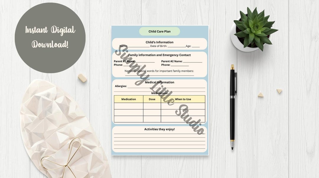 Child Care Information Sheet | Fillable PDF Child Info Template for ...