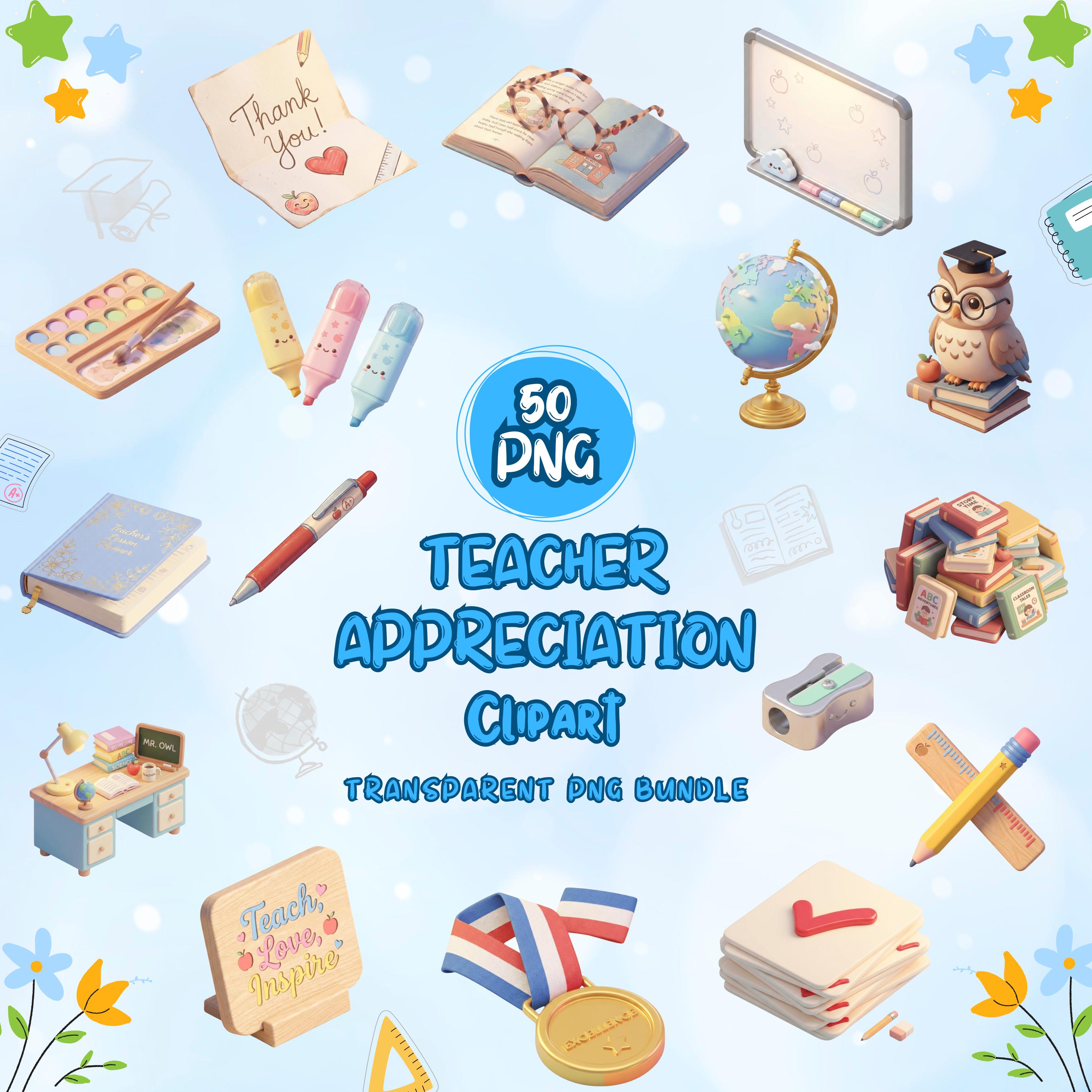 Teacher Appreciation Clipart Bundle, 3D School Supplies PNG Digital ...