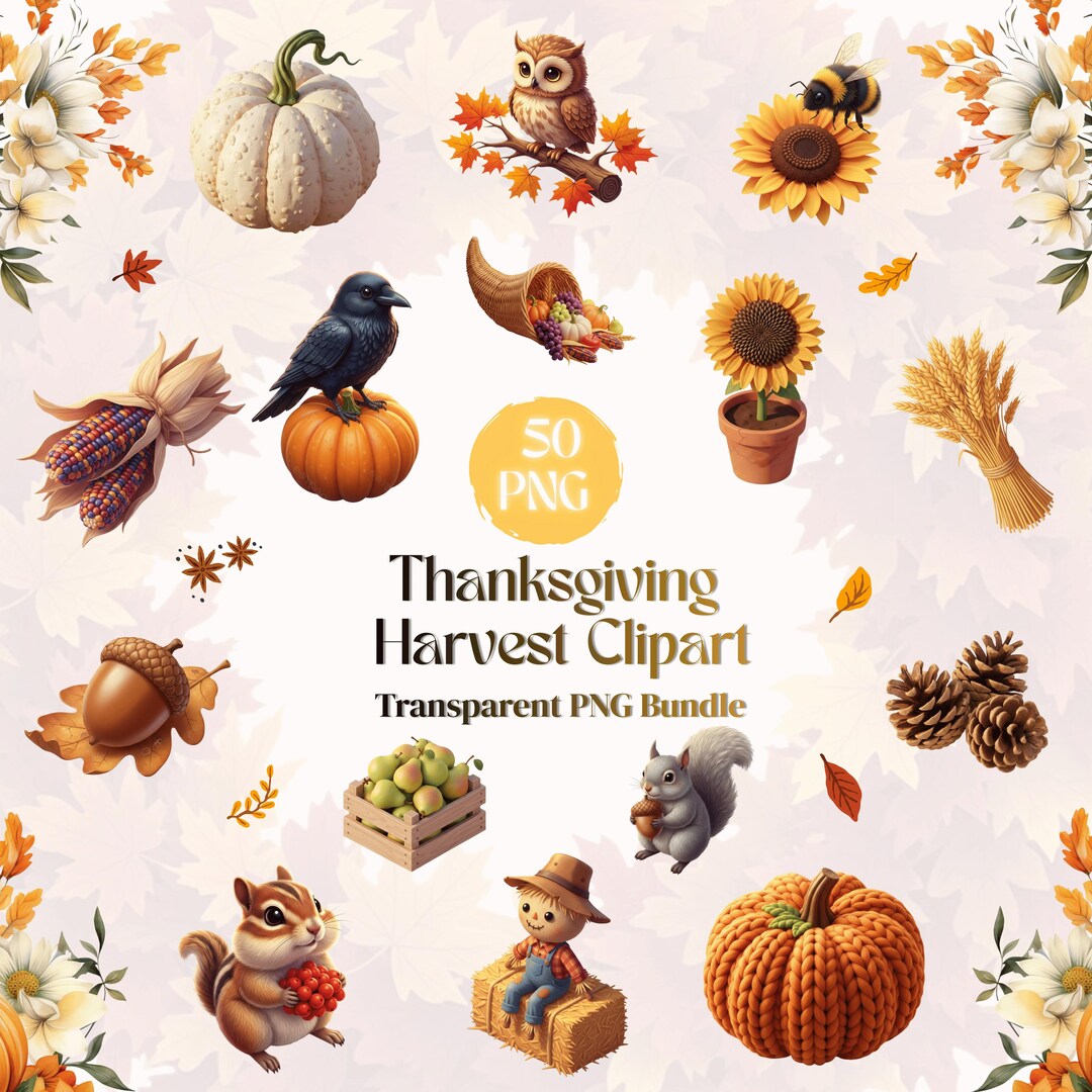 Thanksgiving Harvest Clipart Bundle, 3D Autumn Graphics (PNG Digital ...