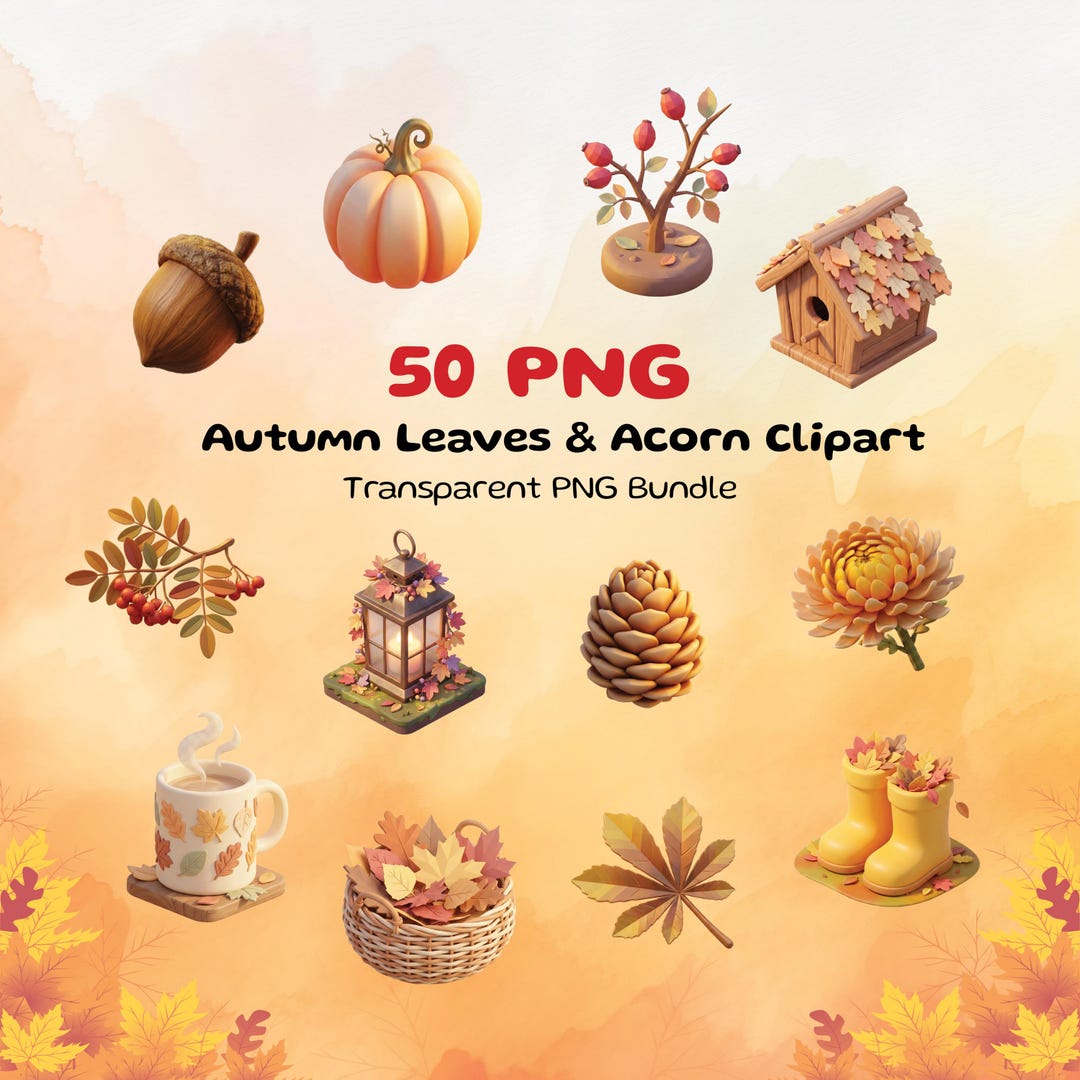 50 Autumn Leaves Acorn Clipart PNG, Fall Graphics Bundle (digital ...