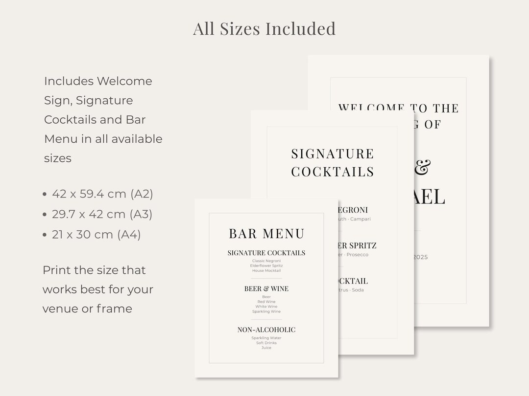 Minimalist Wedding Signage Bundle | Welcome, Bar Menu & Drinks Signs ...