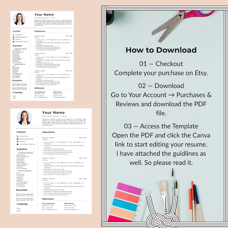 Modern Resume Template Canva | ATS Friendly CV With Cover Letter ...