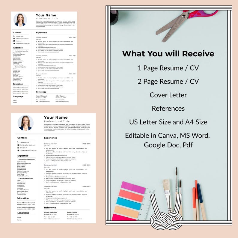 Modern Resume Template Canva | ATS Friendly CV With Cover Letter ...