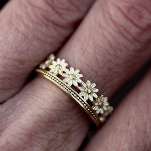 Daisy Ring. Gold Over Sterling and White Enamel. Dainty Adjustable ...